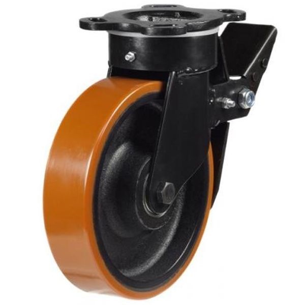 125mm Heavy Duty Polyurethane Braked Castors with Cast Iron Core ...